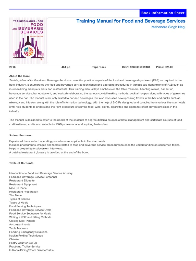 Training Manual For Food and Beverage Services: Book Information Sheet ...