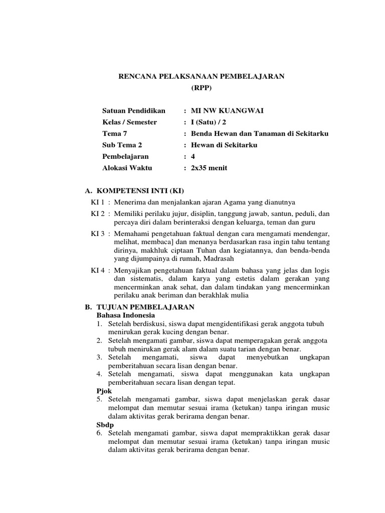 PEMB. 4 RPP SD KELAS 1 SEMESTER 2 - Benda, Hewan Dan Tanaman Di Sekitarku | PDF