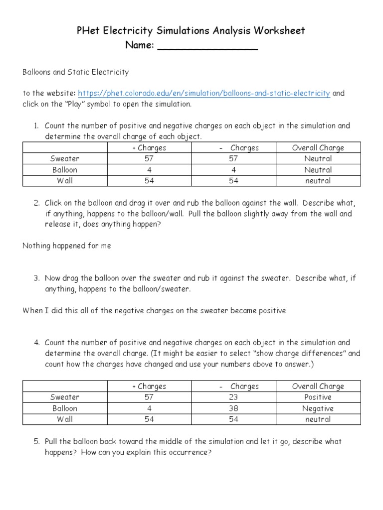 Phet Electricity Simulations Analysis Worksheet Name | PDF | Electric ...