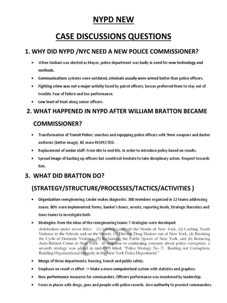NYPD Class Discussion Questions | PDF | Law Enforcement | Crime & Violence