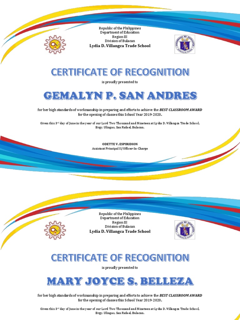 Certificate of Recognition Best Classroom | PDF | Philippines ...