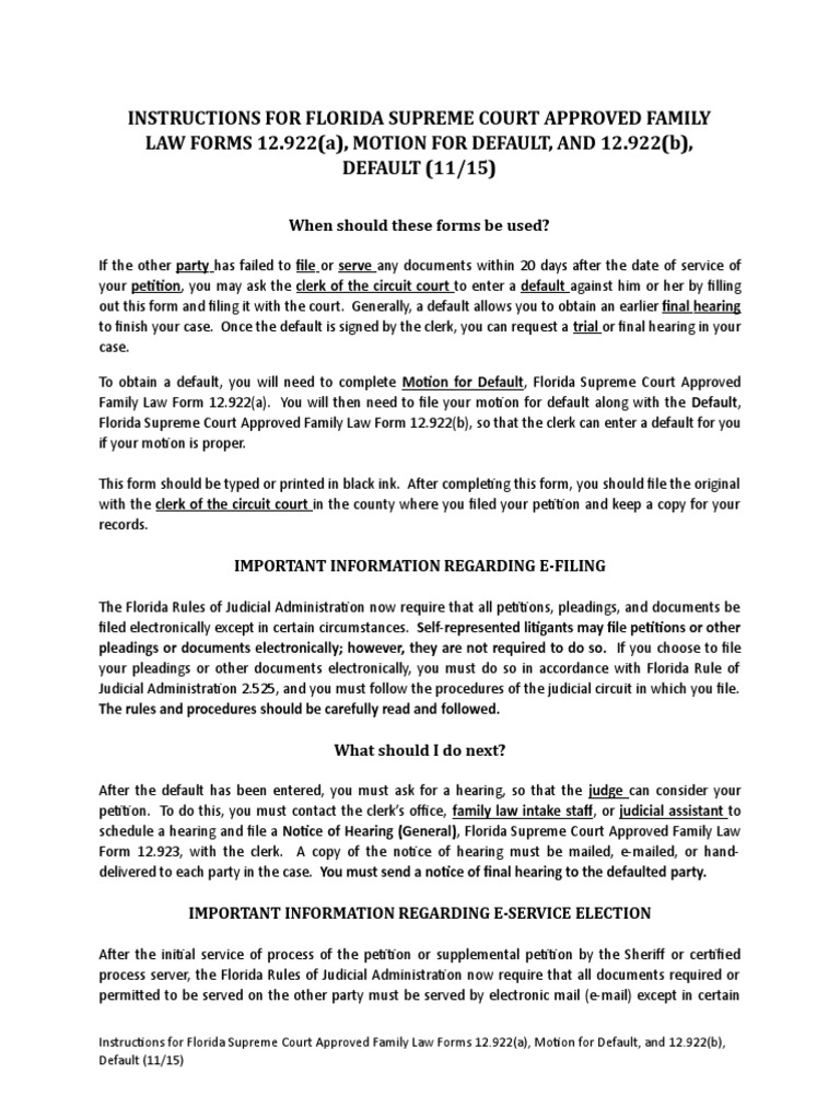 Instructions For Florida Supreme Court Approved Family LAW FORMS 12.922 ...