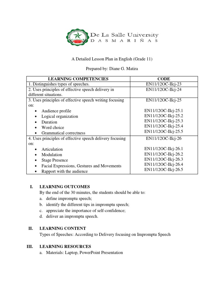 Grade 11 Impromptu Speech Lesson Plan | PDF | Teaching | Learning
