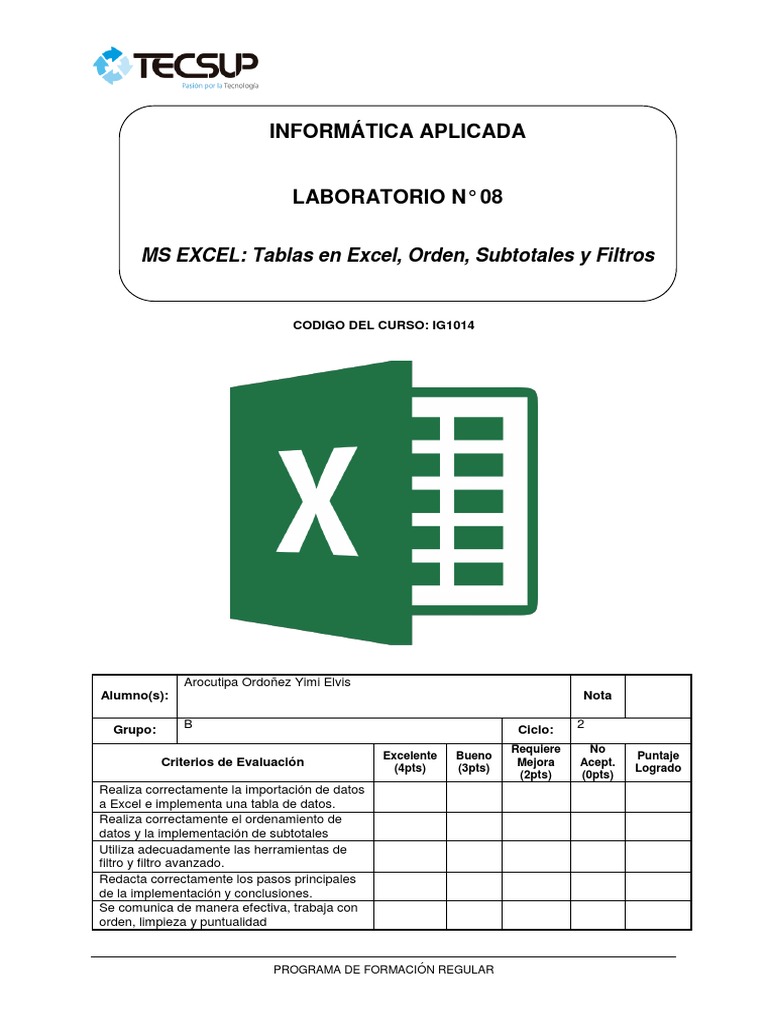 Informática Aplicada: MS EXCEL: Tablas en Excel, Orden, Subtotales y Filtros | PDF | Tabla (base ...