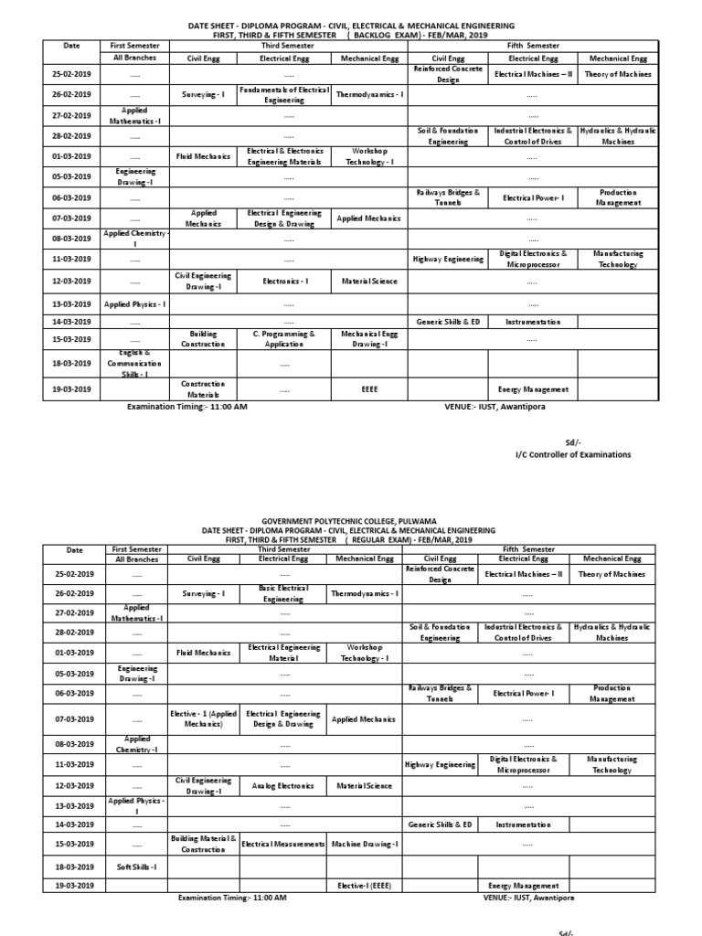 Examination Schedule for Diploma Programs in Civil, Electrical, and ...