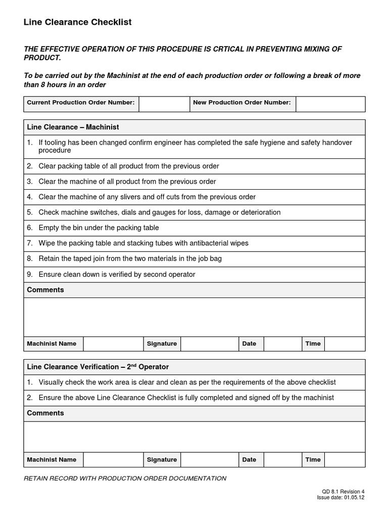 Line Clearance Checklist | PDF | Technology & Engineering