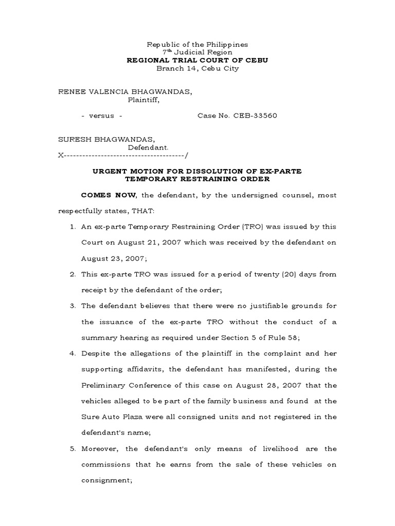 Motion to Dissolve Ex-Parte TRO | PDF | Ex Parte | Injunction