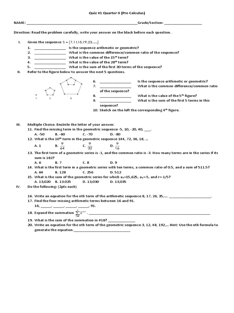 Quiz #1 Quarter II (Pre Calculus) : TH TH | PDF | Summation | Analysis