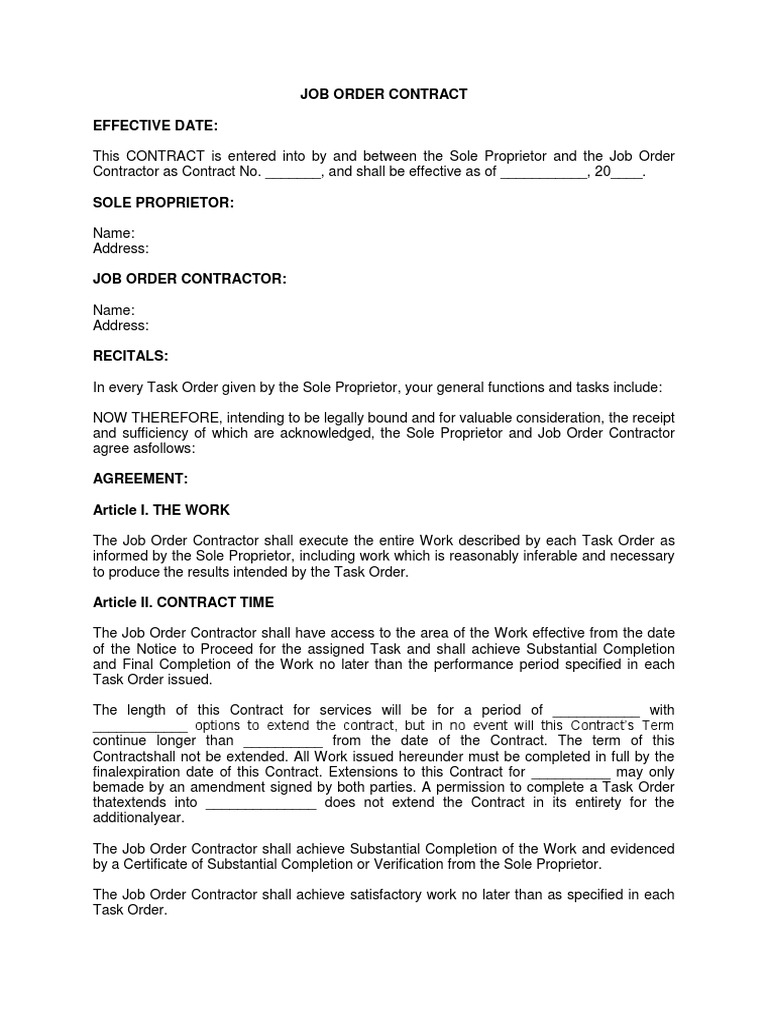 Sample Job Order Contract | PDF | Sole Proprietorship | Employment Sample Job Order Contract | PDF | Sole Proprietorship | Employment