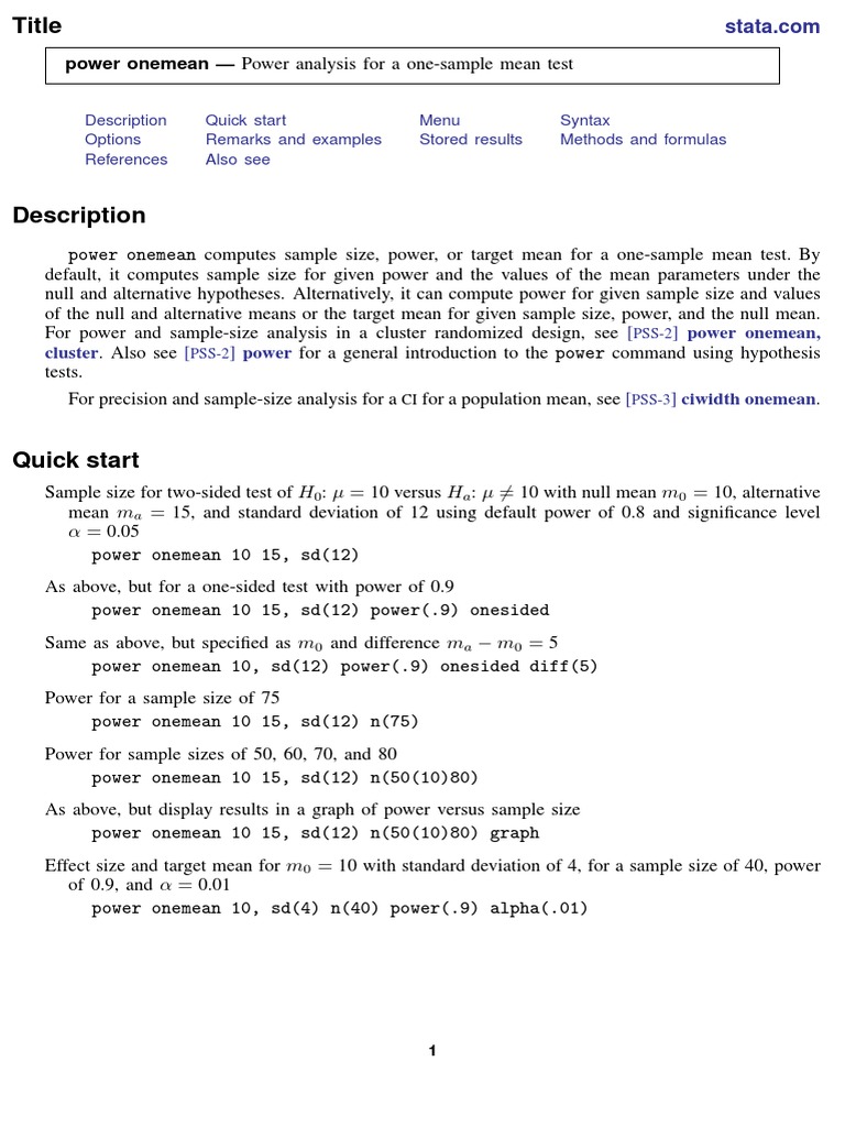 Power Onemean - Power Analysis For A One-Sample Mean Test | PDF ...