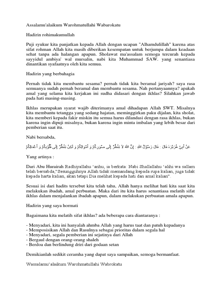 Contoh Ceramah Agama Islam Tentang Ikhlas | PDF