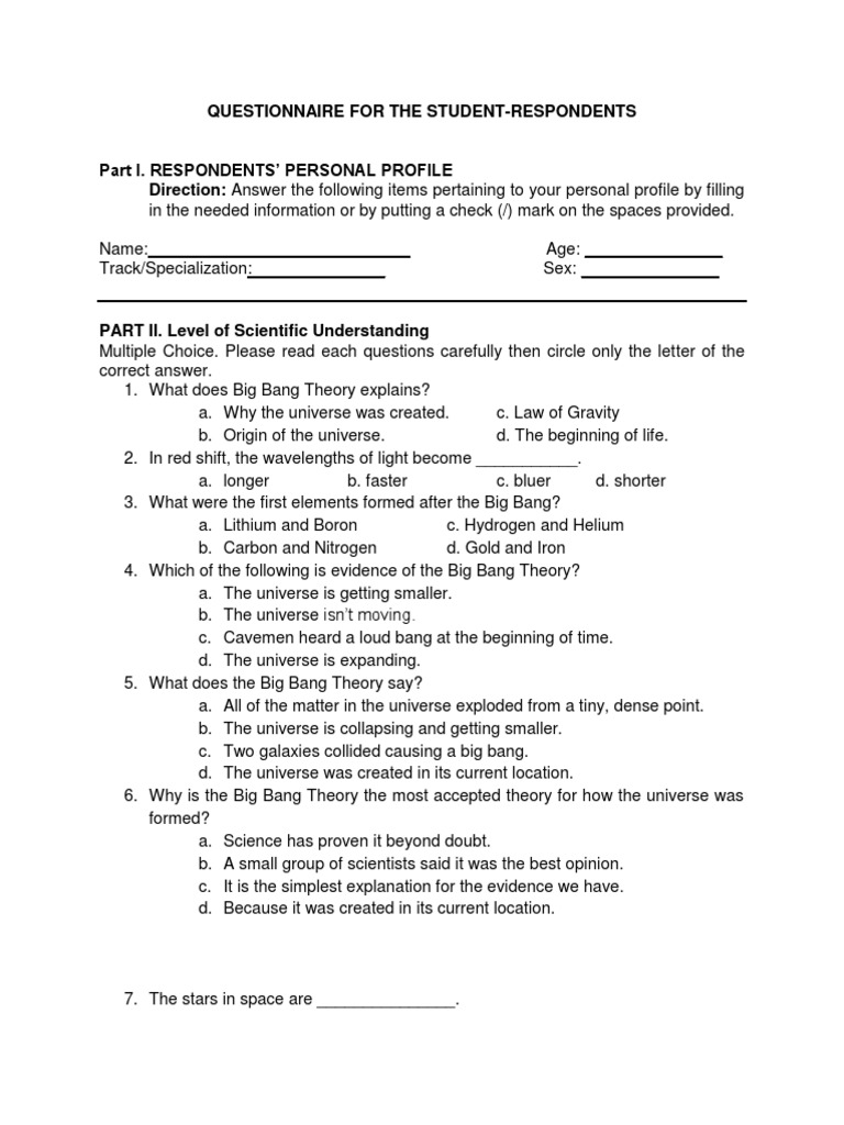 Student Questionnaire on Scientific Understanding | PDF | Stars | Atoms