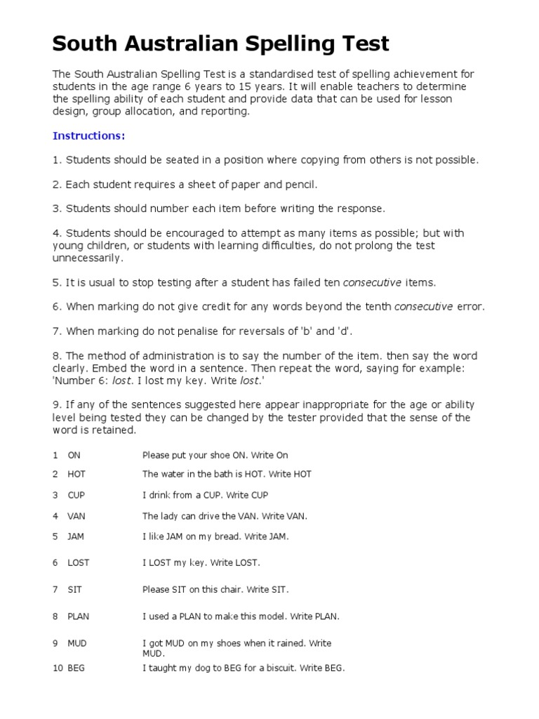 South Australian Spelling Test | PDF