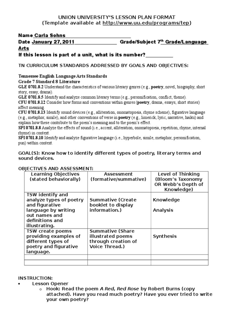 7th Grade Poetry Lesson Plan Template | PDF | Poetry | Reading ...