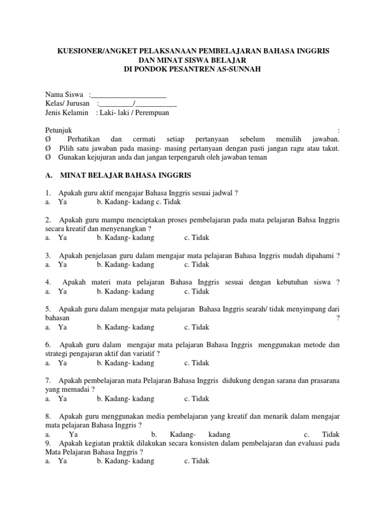 Kuesioner Instrumen Angket | PDF