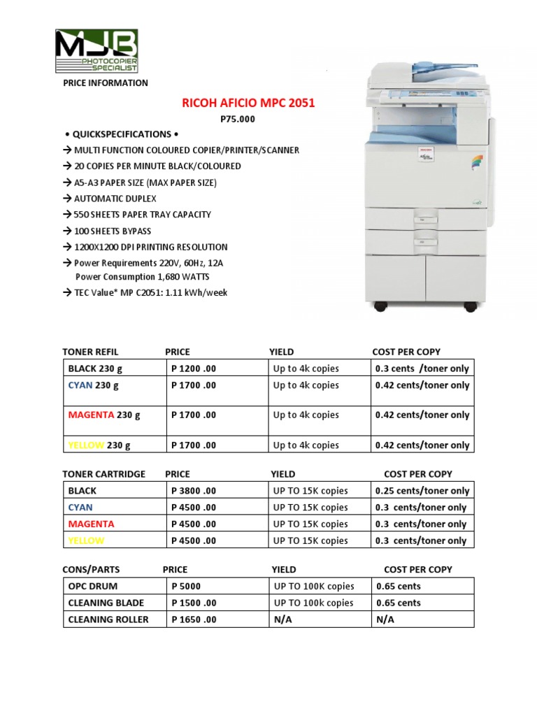 Ricoh Aficio MPC 2051 Price & Specs | PDF