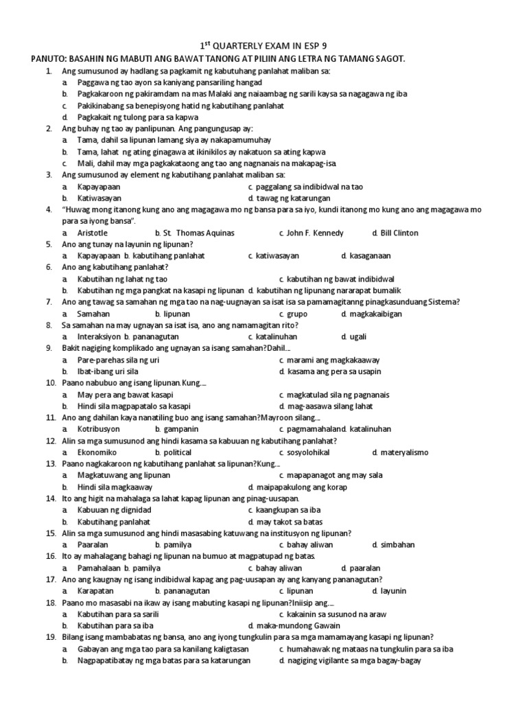 1st QUARTERLY EXAM IN ESP 9 | PDF