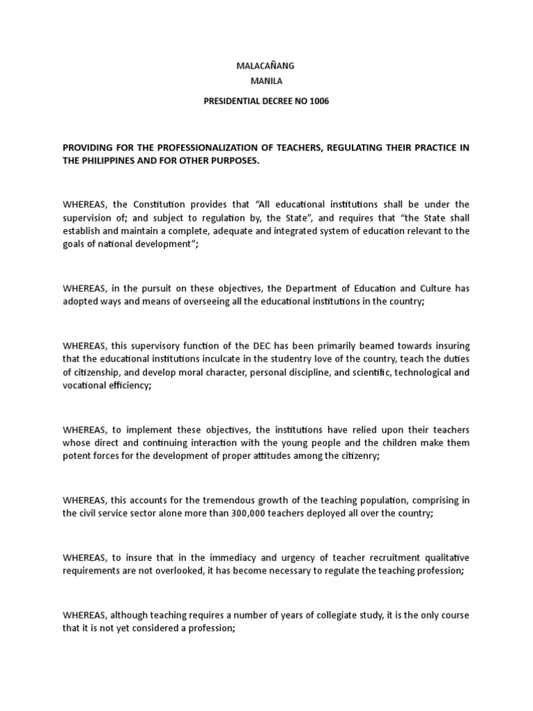 Professionalizing the Teaching Profession: Presidential Decree No. 1006 ...