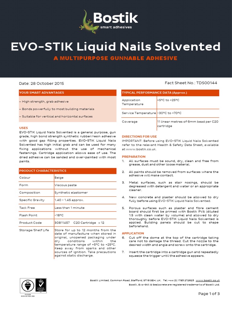 EVO-STIK Liquid Nails Solvented Multipurpose Adhesive | PDF | Tort ...