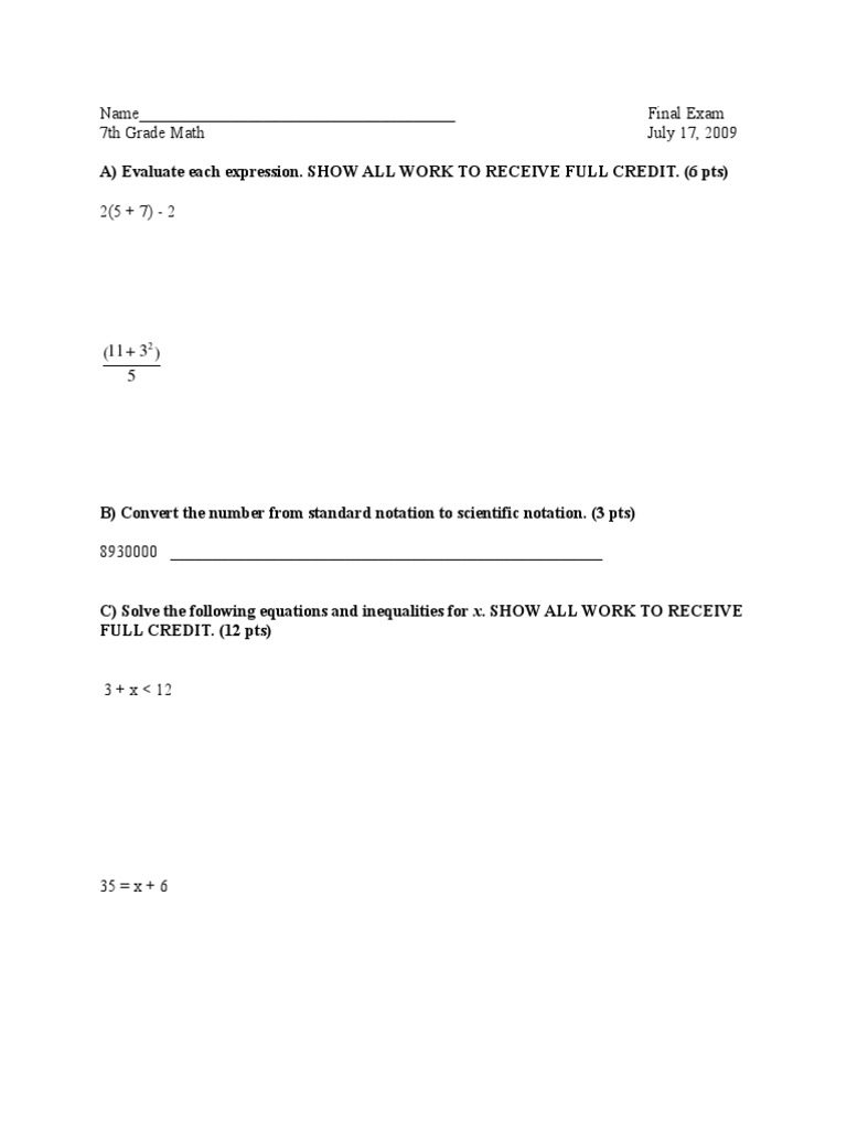 Name - Final Exam 7th Grade Math July 17, 2009 | PDF | Area | Angle