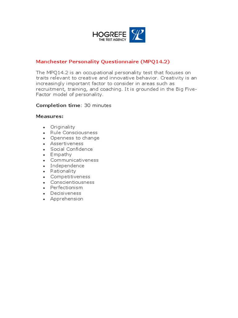 Manchester Personality Questionnaire | PDF | Career & Growth | Self ...