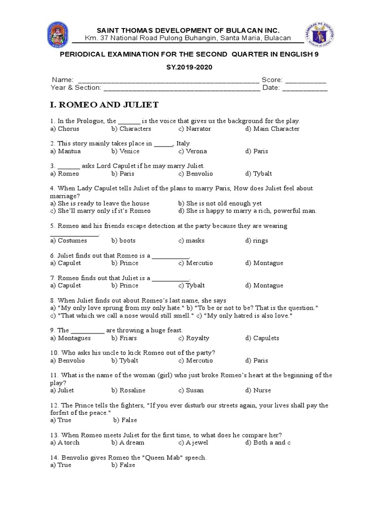 Periodical Examination for the Second Quarter in English 9: Romeo and ...