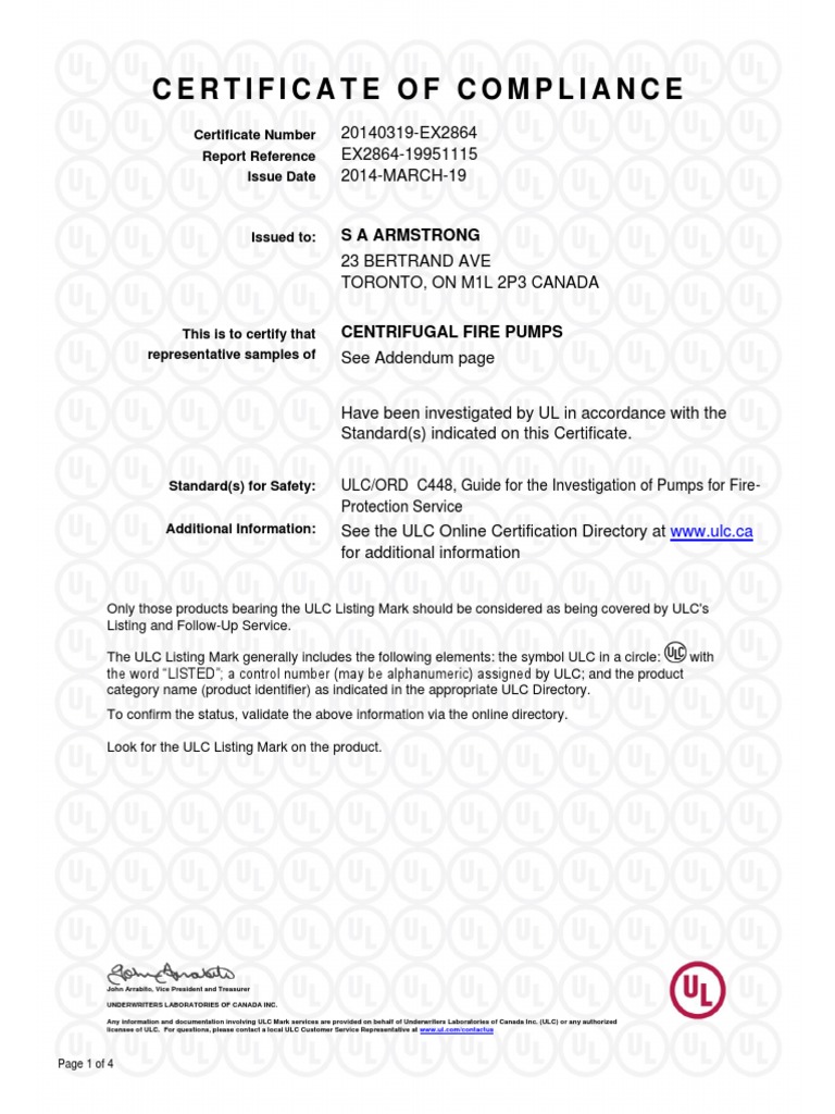 SA Armstrong LTD ULC End Suction Certification | PDF | Pump | Nature