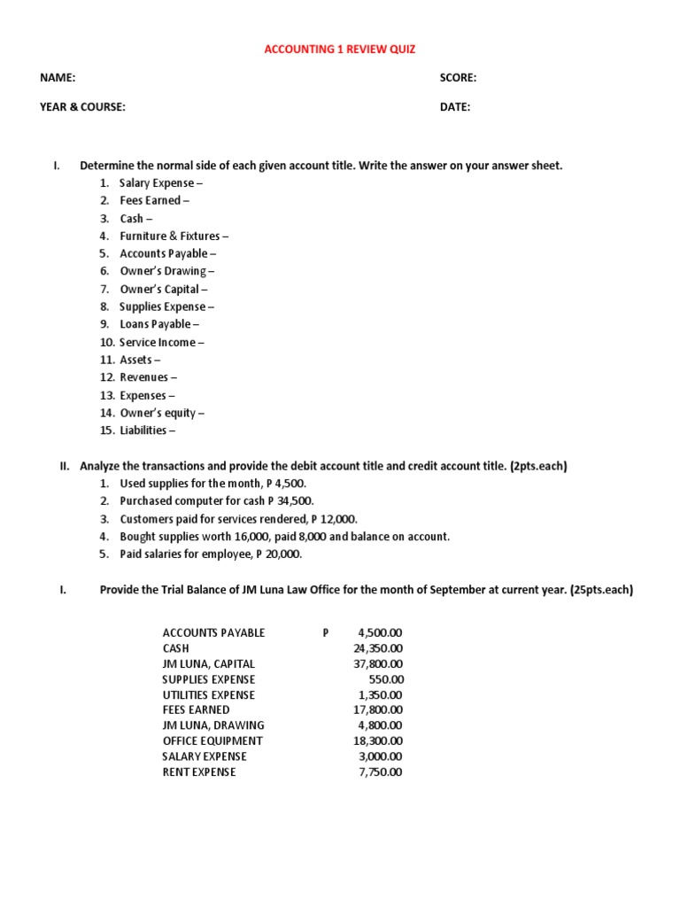 Accounting 1 Review Quiz | PDF | Debits And Credits | Expense