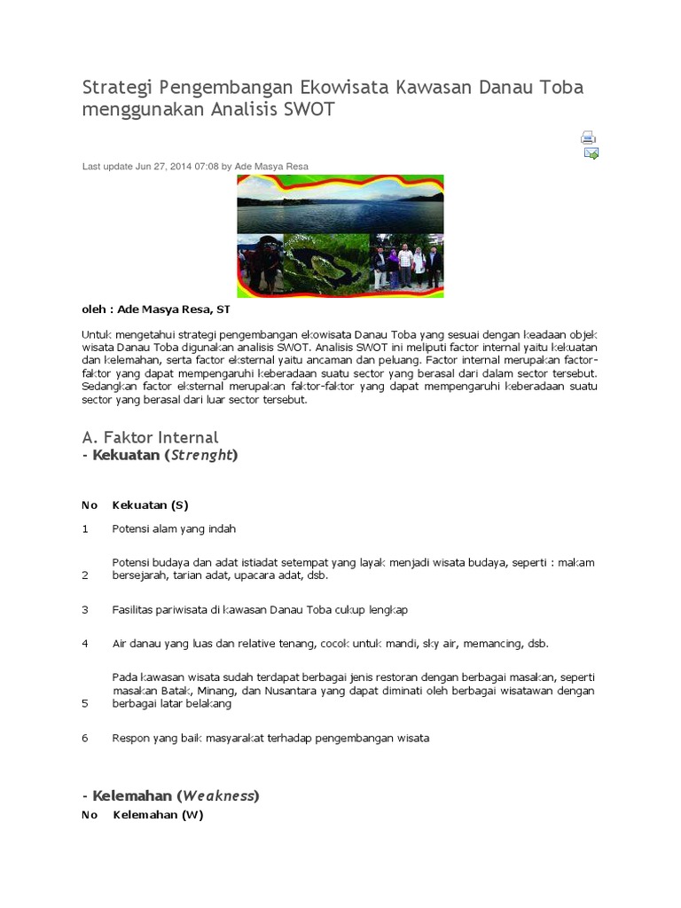 Strategi Pengembangan Ekowisata Kawasan Danau Toba Menggunakan Analisis SWOT | PDF