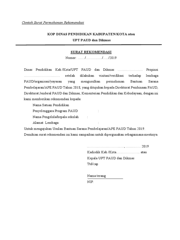 Contoh Surat Permohonan Rekomendasi Proposal APE 2019 | PDF