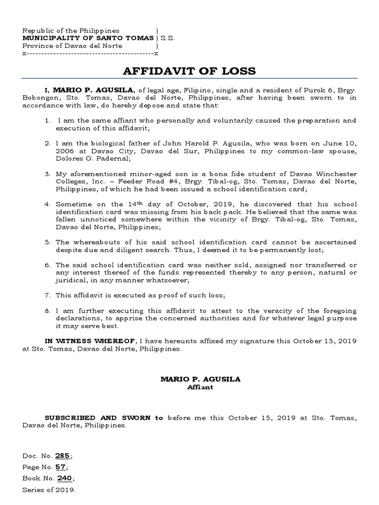 Affidavit of Lost Student ID Card | PDF