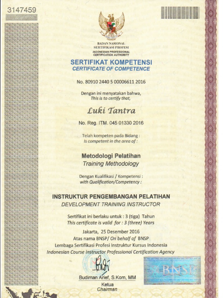 Contoh Serti Skema 2 INstruktur Pengembangan Pelatihan | PDF