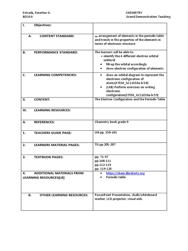 Lesson Plan Chem Final | PDF | Electron Configuration | Atomic Orbital
