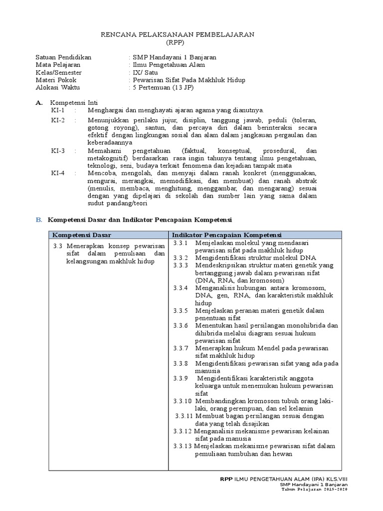RPP IPA K9 - KD 3.3 Pewarisan Sifat Makhluk Hidup | PDF | Pengembangan Diri | Kesehatan Holistik