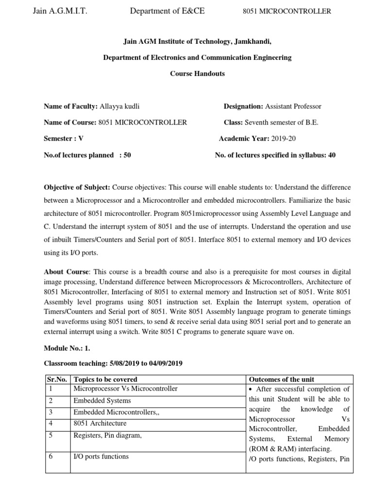 Microcontroller 8051 Lesson Plan | PDF | Microcontroller | Random Access Memory