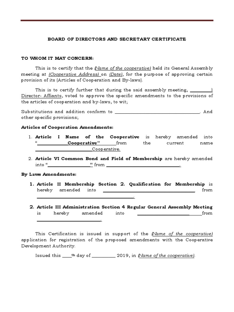 (Cooperative) BOD and Secretary Certificate | PDF | Board Of Directors ...
