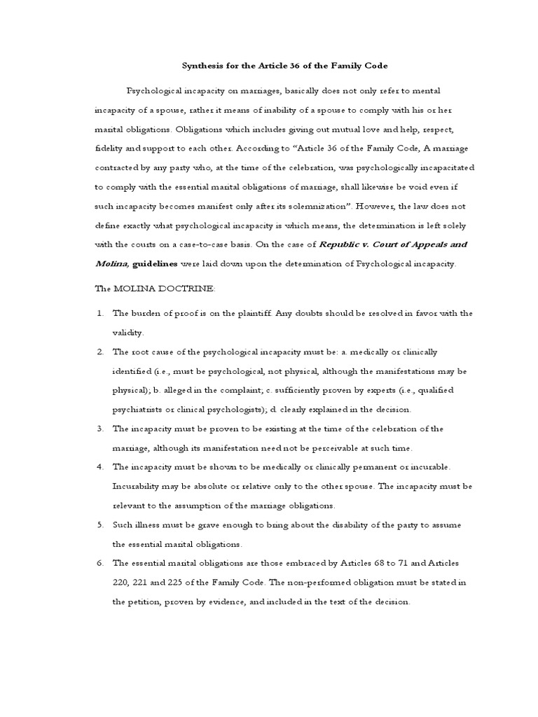 Article 36: Psychological Incapacity in Marriage | PDF | Solicitor ...