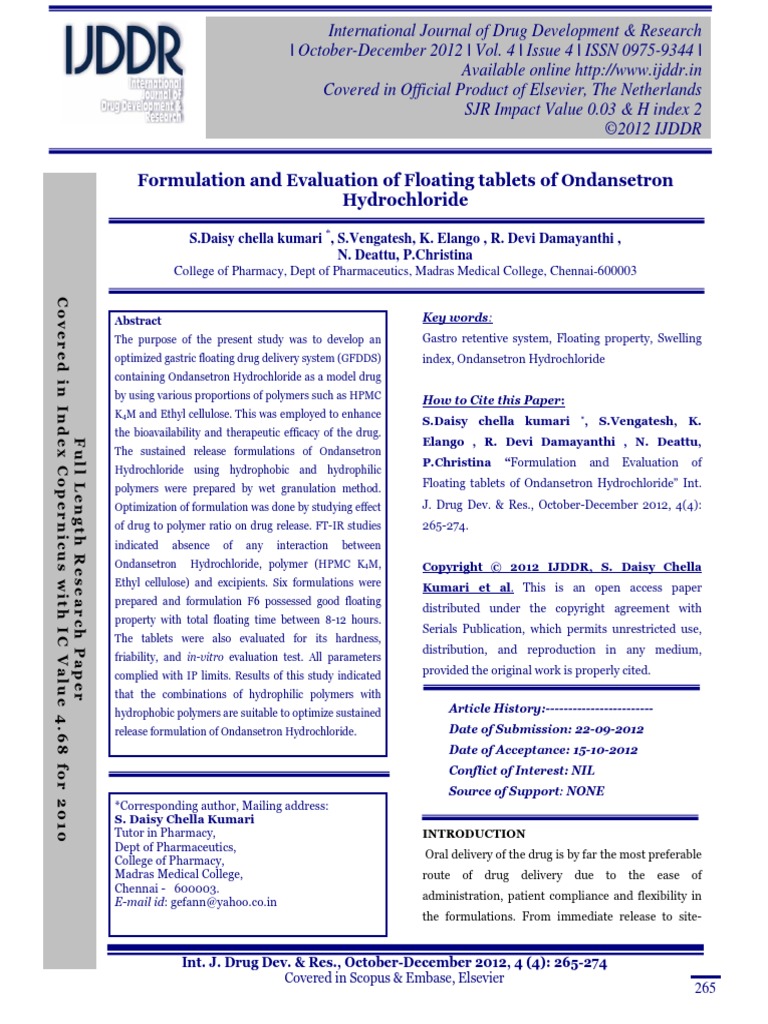 Formulation and Evaluation of Floating Tablets of Ondansetron ...