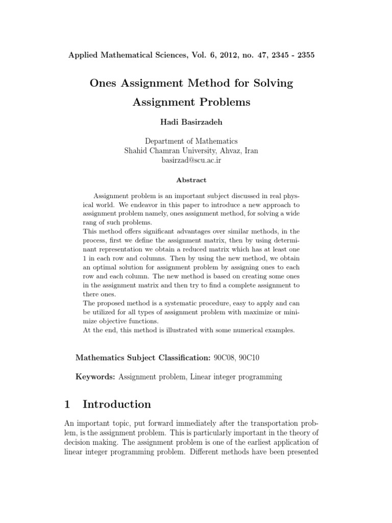 Ones Assignment Method For Solving Assignment Problems: Applied Mathematical Sciences, Vol. 6 ...