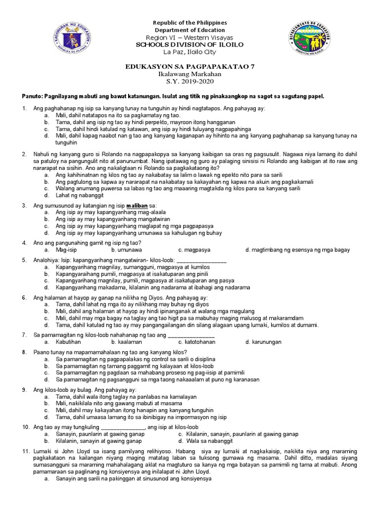 2nd Quarter Exam in ESP 7 | PDF