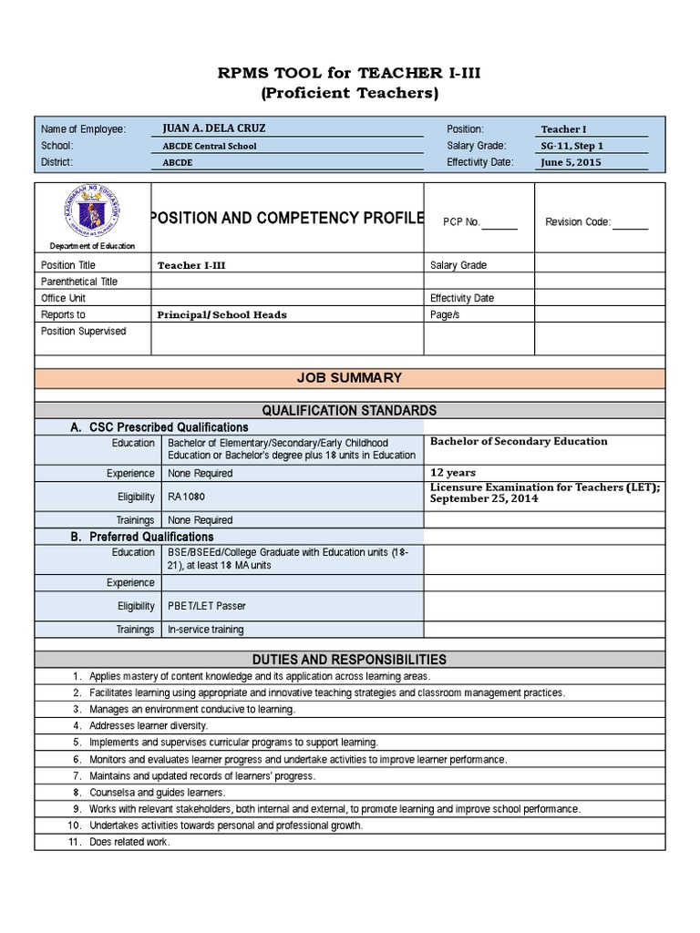 Position Competency Profile | PDF | Teachers | Bachelor's Degree