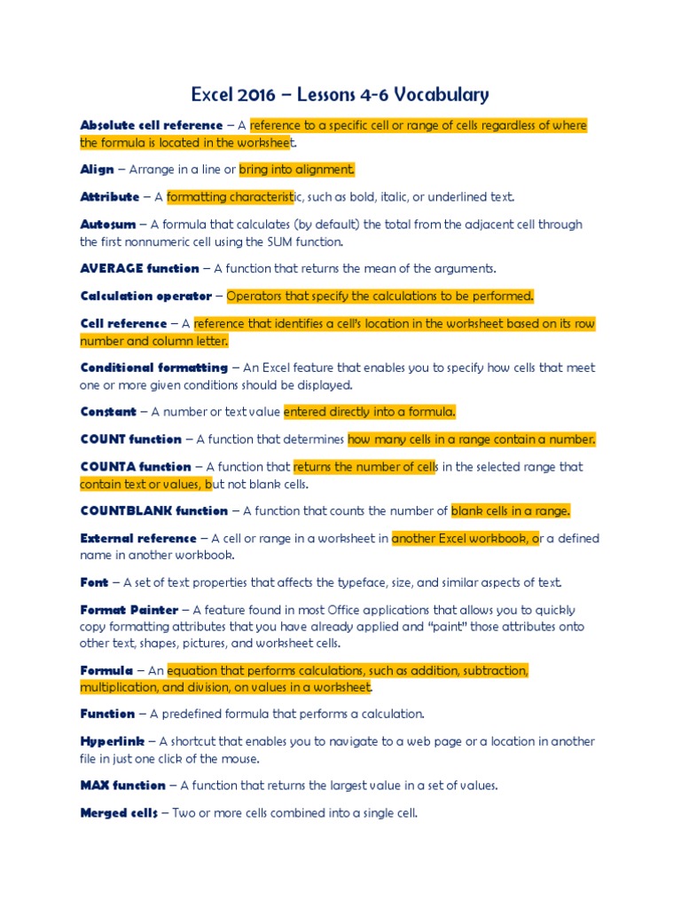 Lessons 4 6 Vocabulary | PDF | Microsoft Excel | Typefaces