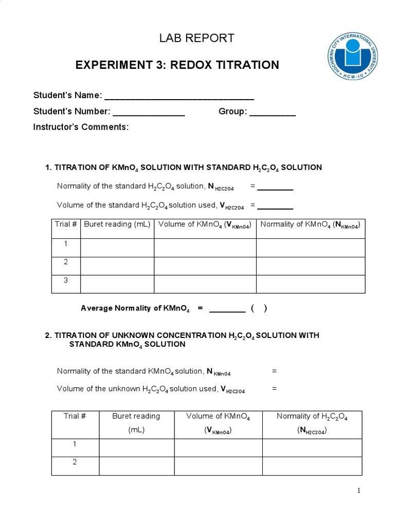 Experiment 3: Redox Titration: Lab Report | PDF