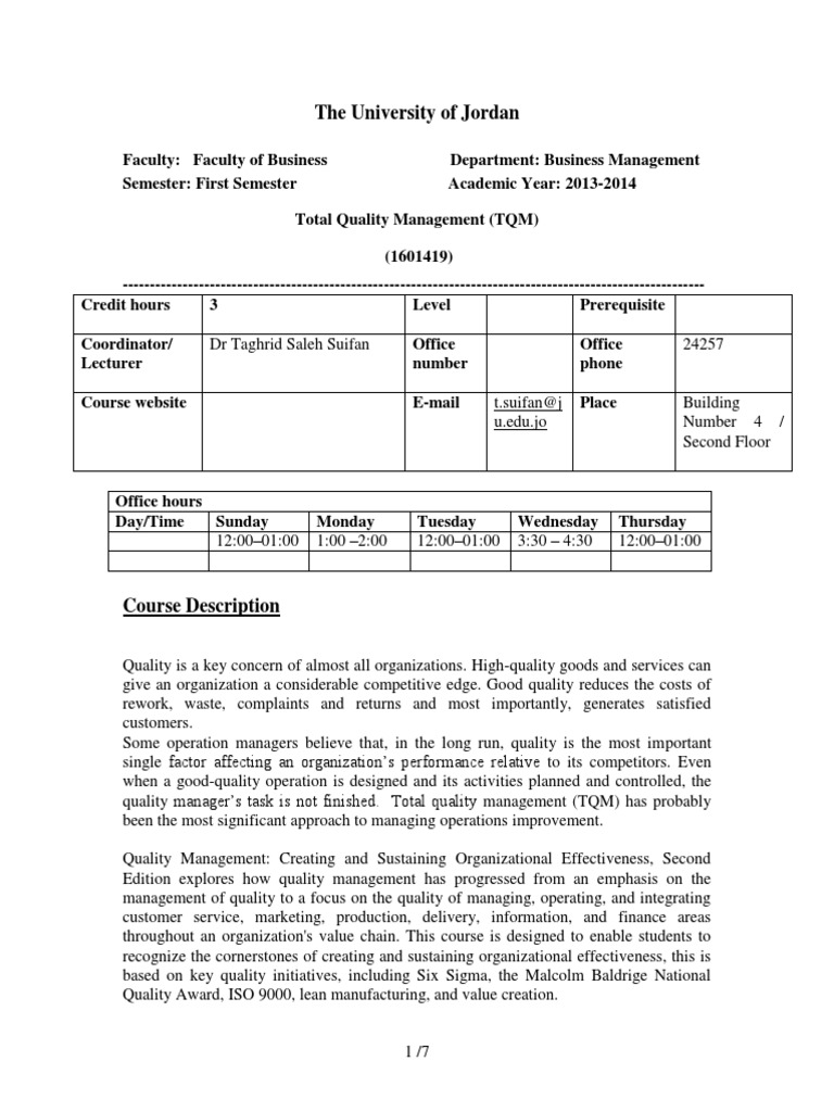 Total Quality Management Course Overview | PDF | Quality Management ...