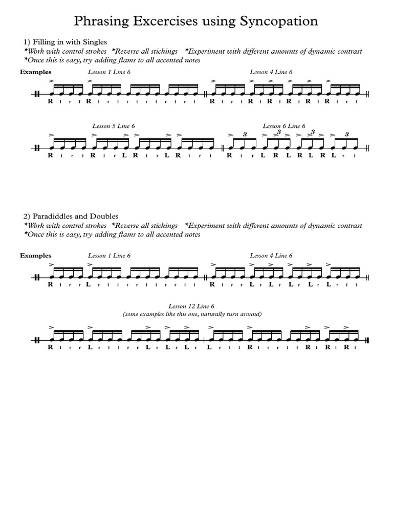 Phrasing Excercises using Syncopation: 1) Filling in with Singles ...