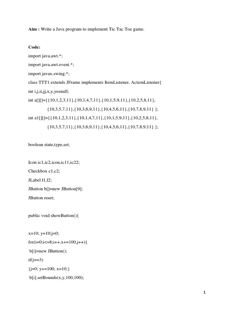Aim Write A Java Program To Implement Tic Tac Toe Game Pdf Notation Programming Paradigms