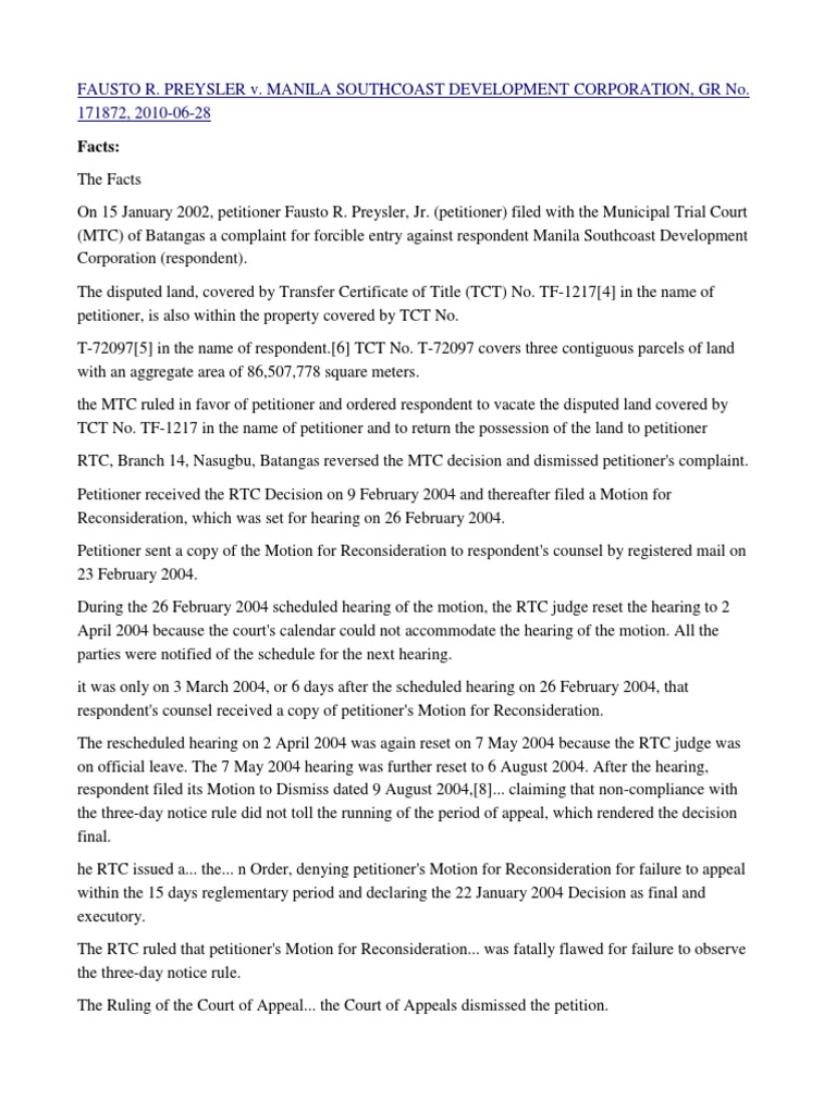 Fausto R. Preysler v. Manila Southcoast Development Corporation | PDF ...