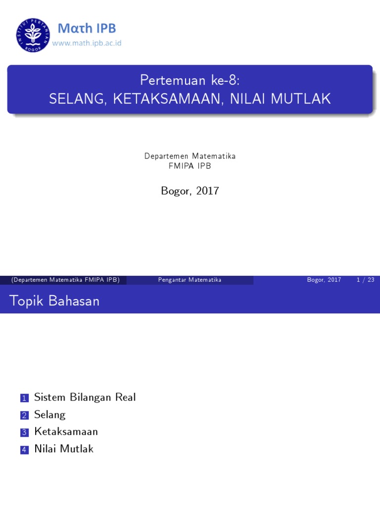 Pertemuan 8 - Selang, Ketaksamaan, Nilai Mutlak - Handout | PDF
