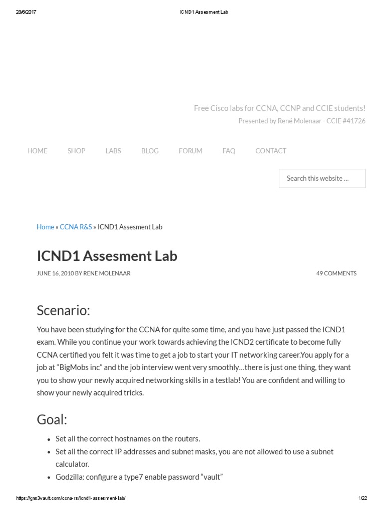 ICND1 Assesment Lab: Scenario | PDF | Cisco Certifications | Internet Standards