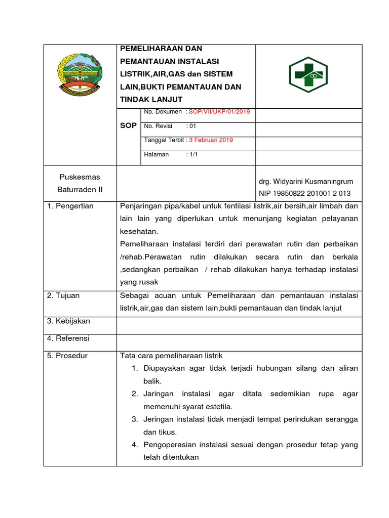 Sop Pemeliharaan Dan Pemantauan Instalasi Listrik | PDF